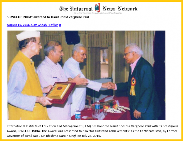 IIEM has honored Jesuit priest Fr. Varghese Paul with its prestigious ...