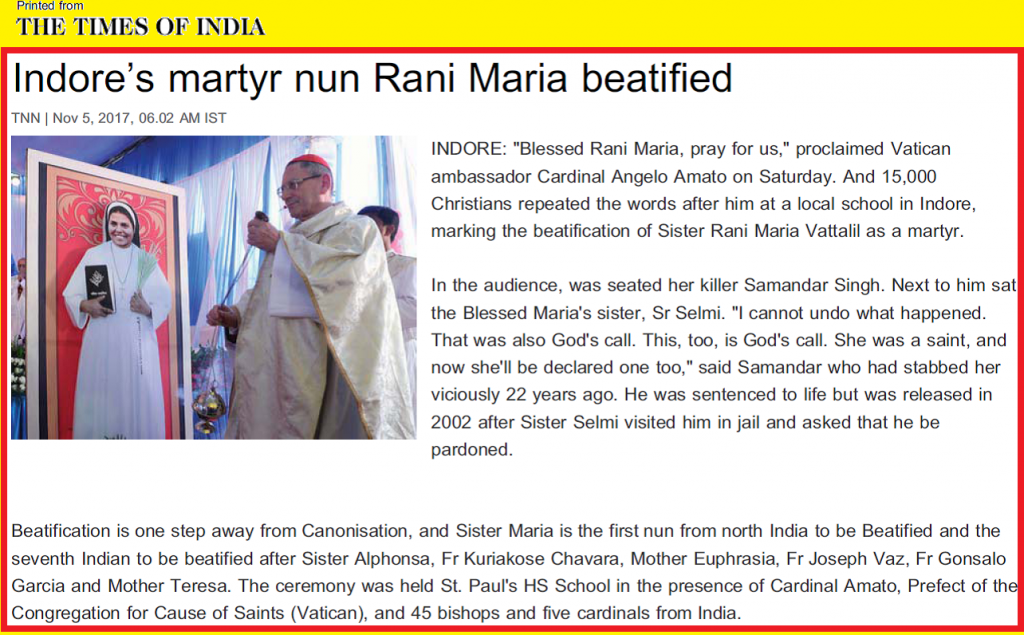 Indore’s martyr nun Rani Maria beatified – The Times of India ...